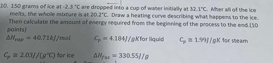 Solved 10. 150 grams of ice at -2.3 °C are dropped into a | Chegg.com