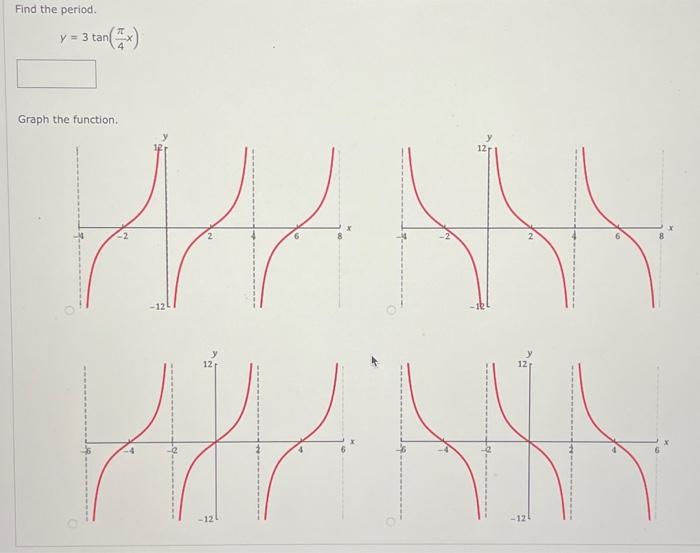 Solved Find the period. y=3tan(4πx) Graph the function. | Chegg.com