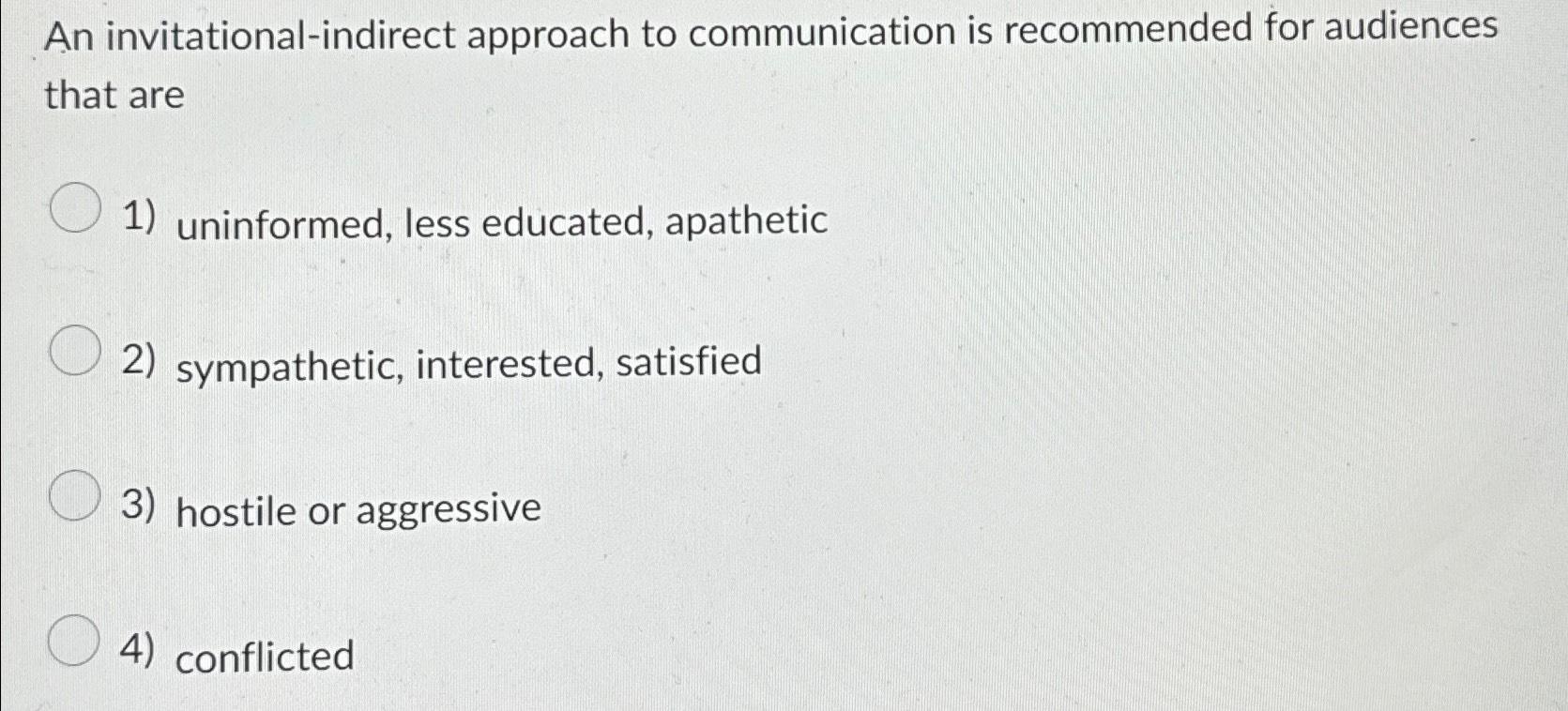 Solved An invitational-indirect approach to communication is | Chegg.com