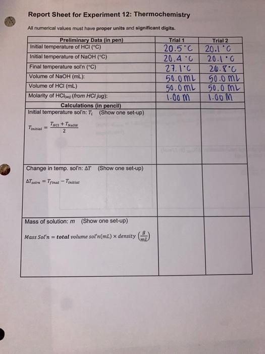 Solved Report Sheet for Experiment 12: Thermochemistry All | Chegg.com