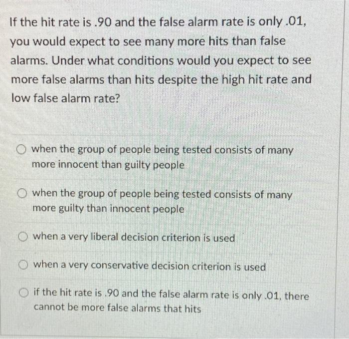 Solved If the hit rate is .90 and the false alarm rate is | Chegg.com