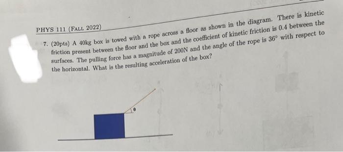 Solved 7. (20pts) A 40 kg box is towed with a rope across a | Chegg.com