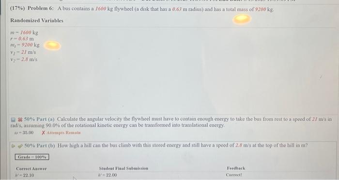 Solved (17\%) Problem 6: A bus contains a 1600 kg flywhecl | Chegg.com