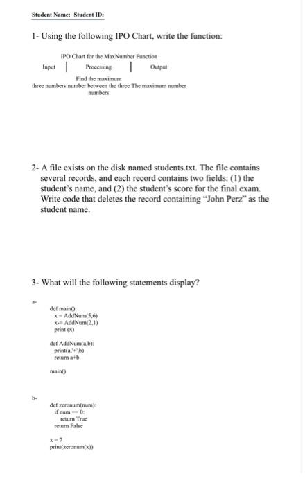 Solved Student Name: Student ID: 1. Using the following IPO | Chegg.com