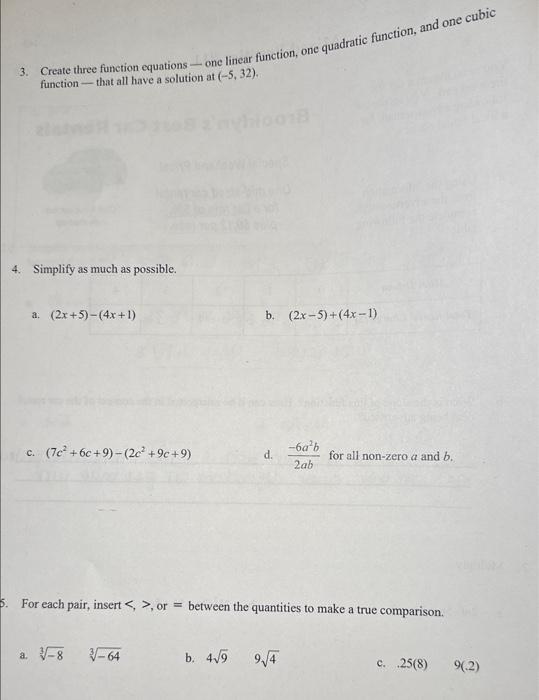 Solved 3 Create Three Function Equations One Linear 