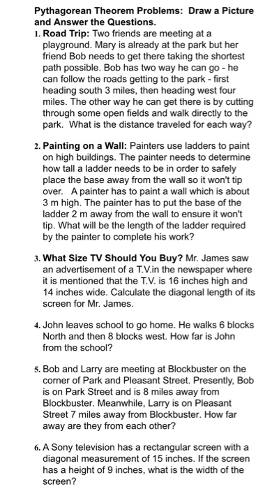 Solved Pythagorean Theorem Problems: Draw a Picture and | Chegg.com