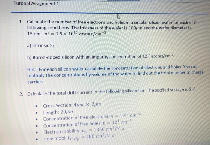 Solved 1. Calculate the number of free electrons and holes | Chegg.com
