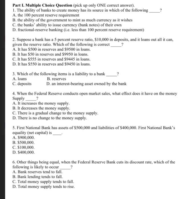 Solved Part I. Multiple Choice Question (pick up only ONE | Chegg.com
