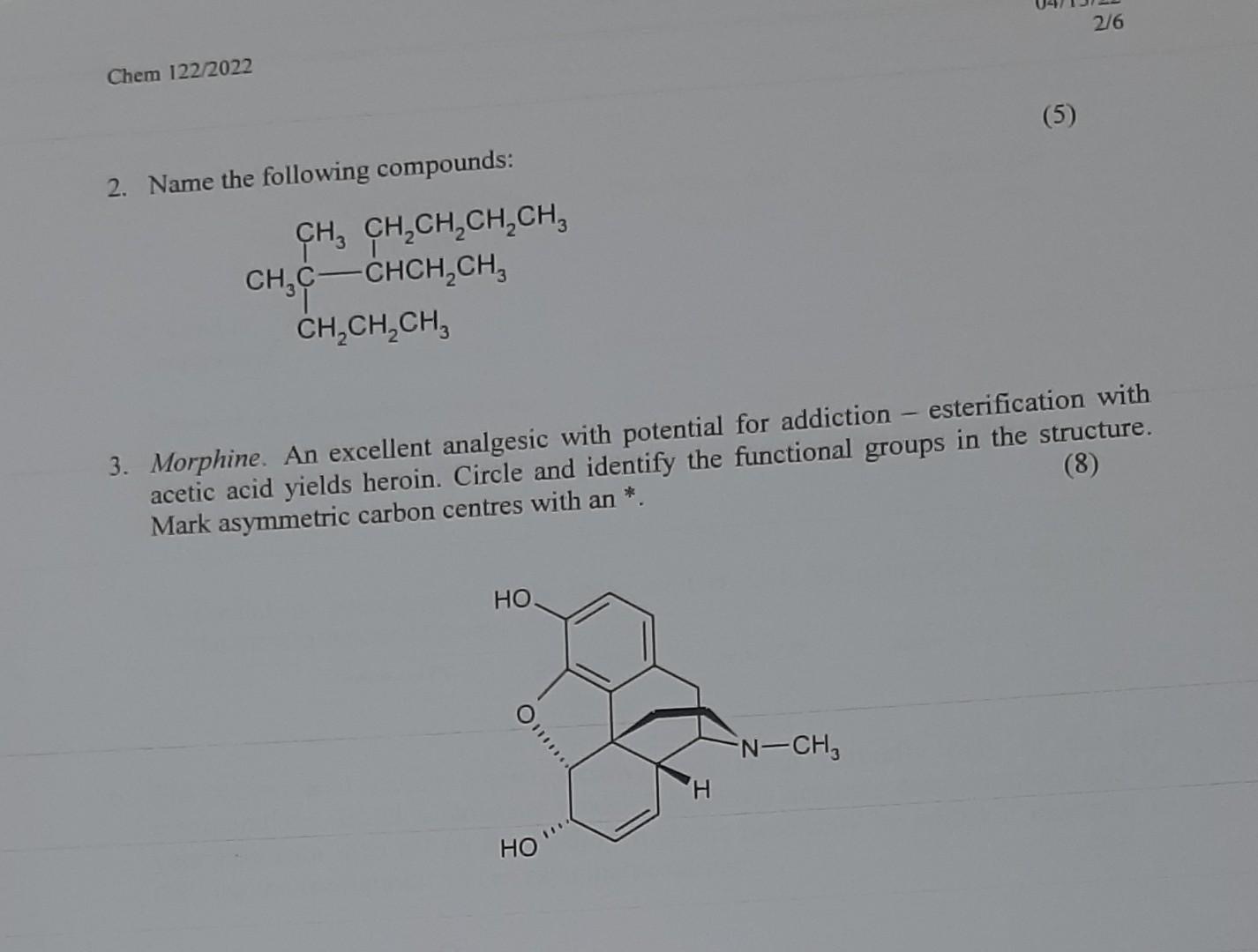 Solved 04 2/6 Chem 122/2022 (5) 2. Name the following | Chegg.com