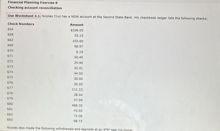 Solved Financial Planning Exercise 6 Checking account | Chegg.com