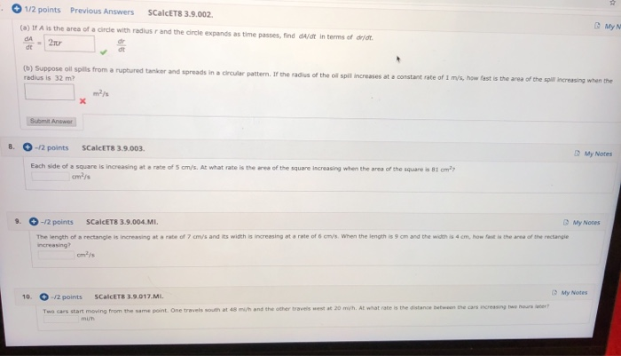 Solved 1/2 points Previous Answers SCalcET8 3.9.002 My N (a) | Chegg.com