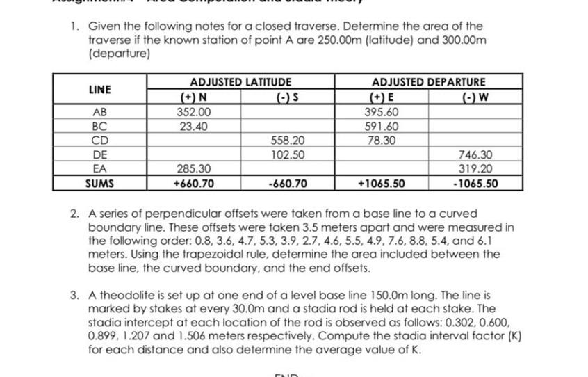 Solved 1. Given the following notes for a closed traverse. | Chegg.com