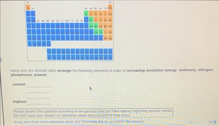 Solved Using only the periodic table arrange the following | Chegg.com