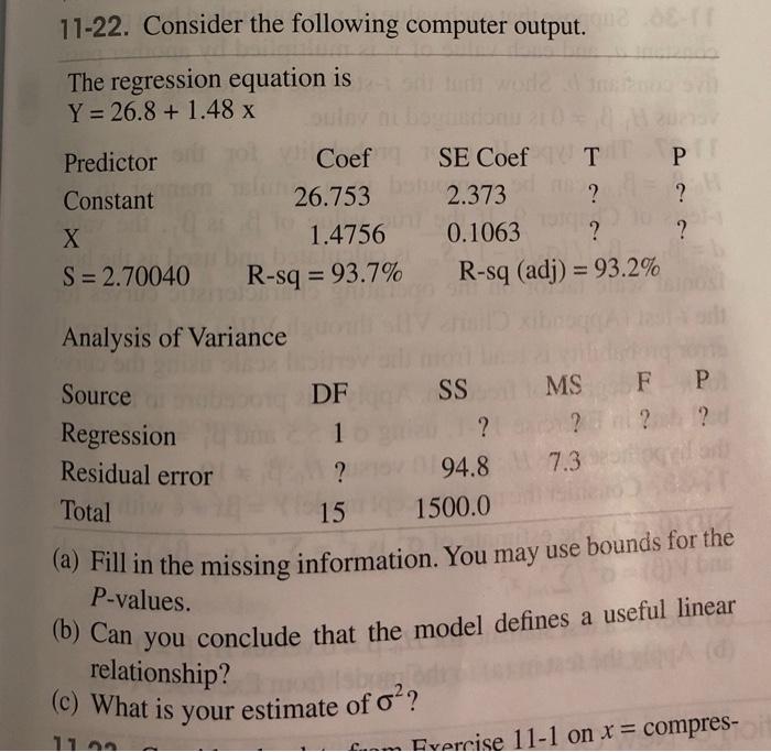 Solved 11-22. Consider the following computer output. The | Chegg.com