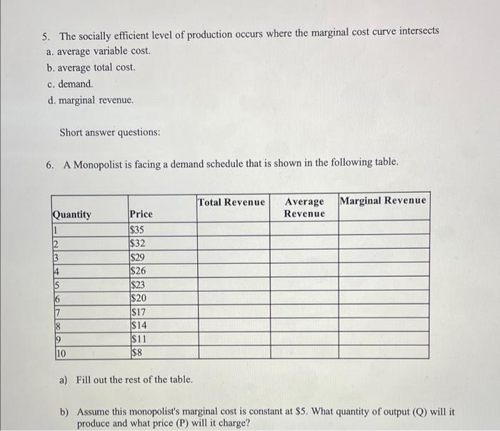 Solved 5. The socially efficient level of production occurs | Chegg.com