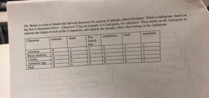 Solved 26) Below is a list of shared and derived characters | Chegg.com