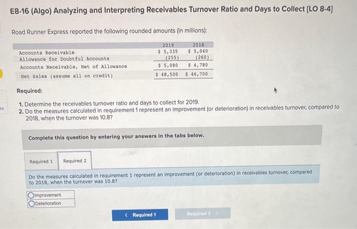 Solved E8-16 (Algo) Analyzing and Interpreting Receivables | Chegg.com