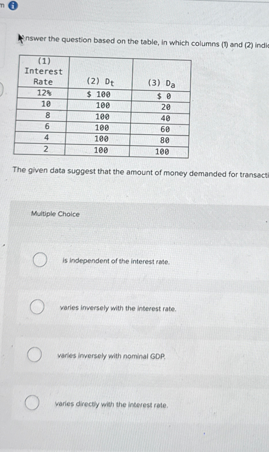 Solved ninswer the question based on the table, in which | Chegg.com