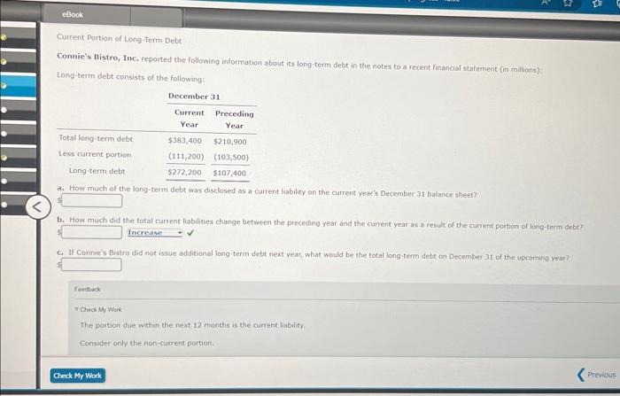 Solved Current Portion of Long-Term Debt Connie's Bistro, | Chegg.com