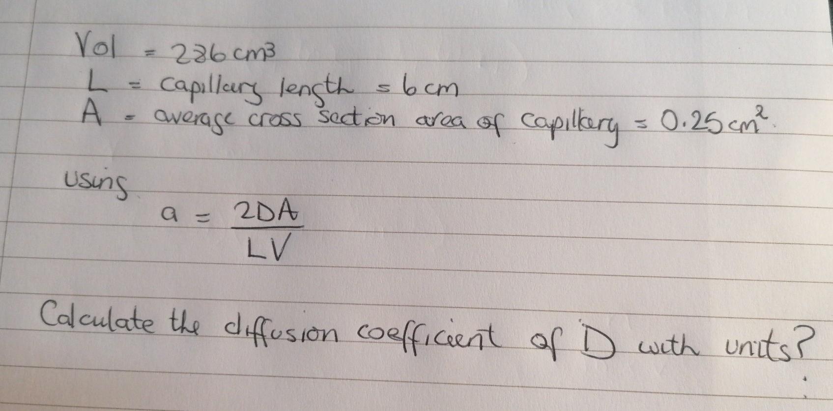 Solved Vol 236cm3 L capillary length 6cm A. average cross | Chegg.com
