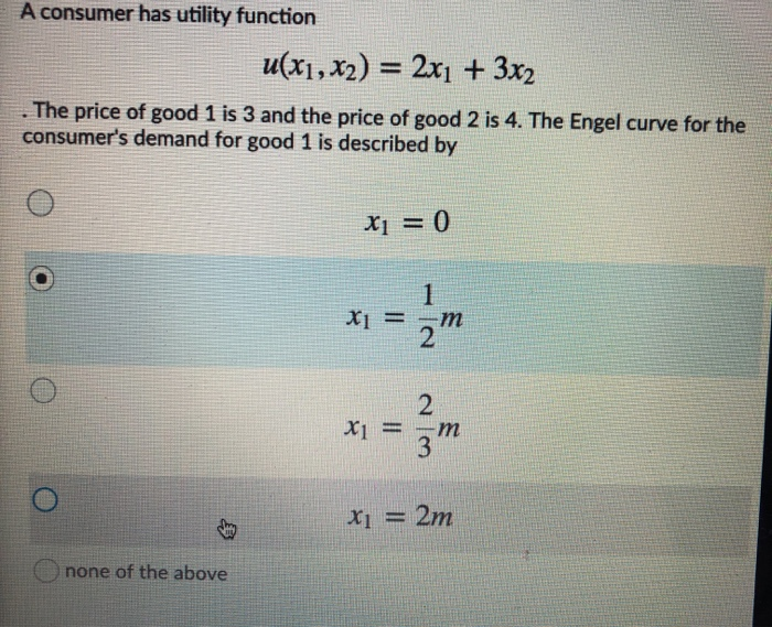 Solved A consumer has utility function u(x1, x2) = 2x1 + 3x2 | Chegg.com