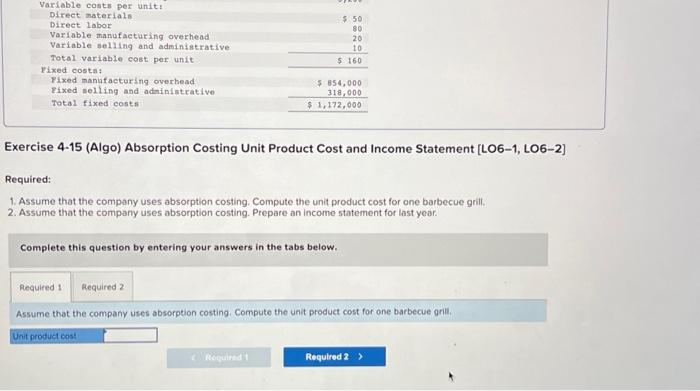 Solved Exercise 4-14 (Algo) Variable Costing Unit Product | Chegg.com