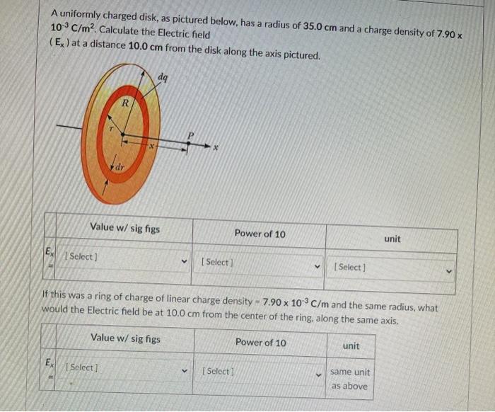 Solved A uniformly charged disk, as pictured below, has a | Chegg.com