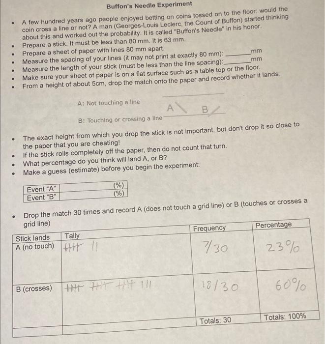 Solved Buffon's Needle Experiment - A few hundred years ago | Chegg.com