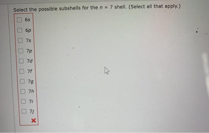Solved Select the possible subshells for the n = 7 shell. | Chegg.com