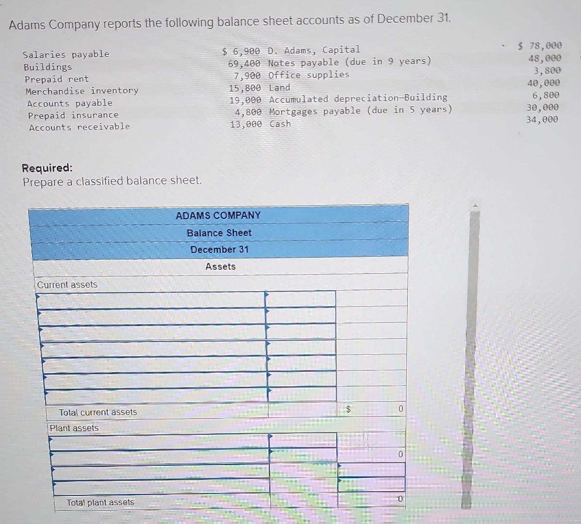 Solved Adams Company reports the following balance sheet | Chegg.com