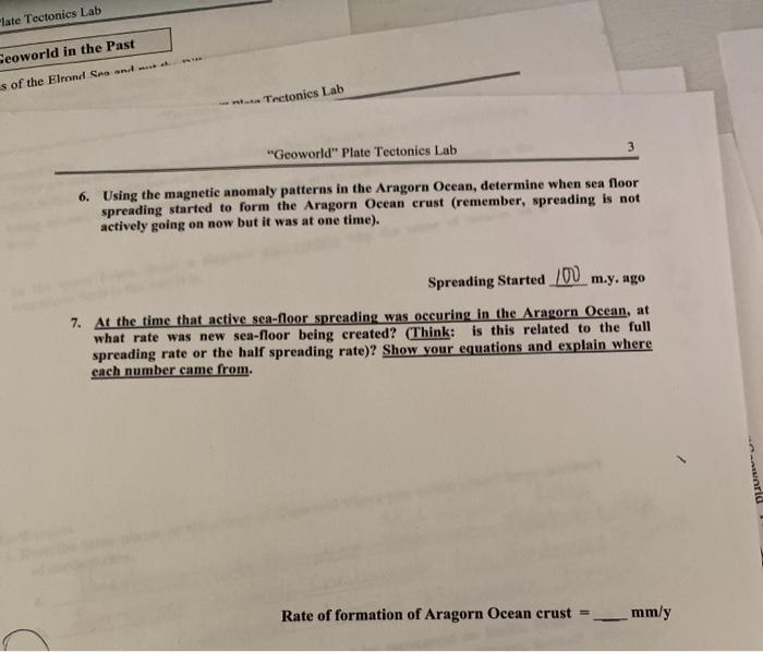 "Geoworld Plate Tectonics Lab time when sea spreading | Chegg.com