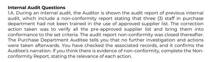 Solved Internal Audit Questions 1.A. During an internal | Chegg.com