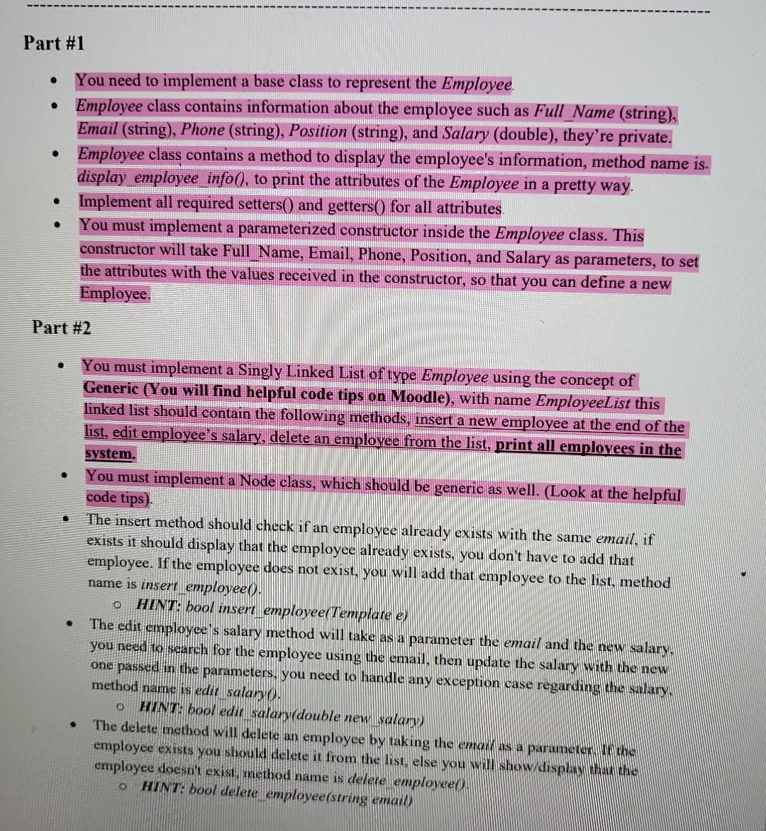 Solved Part \#1 - You need to implement a base class to | Chegg.com