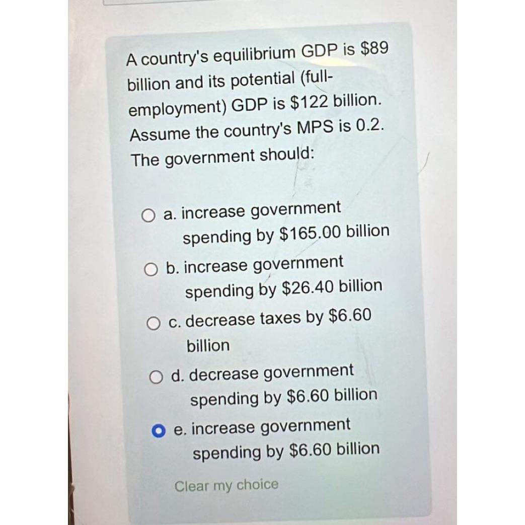 Solved A country's equilibrium GDP is $89 ﻿billion and its | Chegg.com