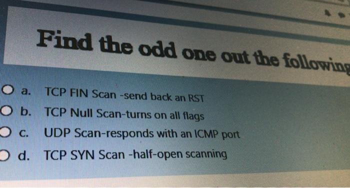 Solved Find the odd one out the following O a. TCP FIN Scan | Chegg.com