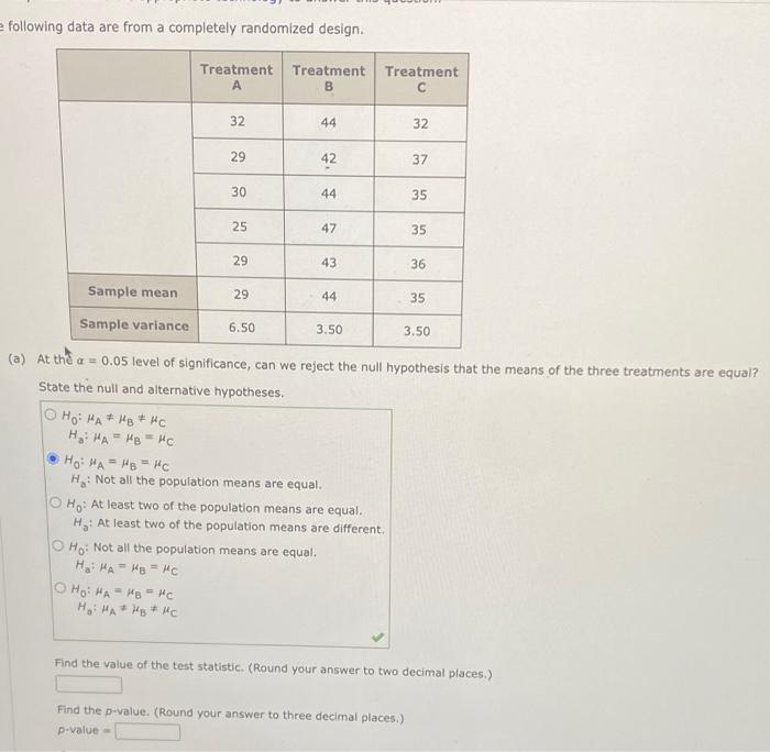 Solved following data are from a completely randomized | Chegg.com