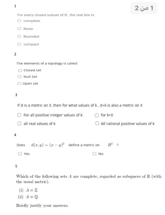 Solved 1 1 من 2 For every closed subset of R, the real line | Chegg.com