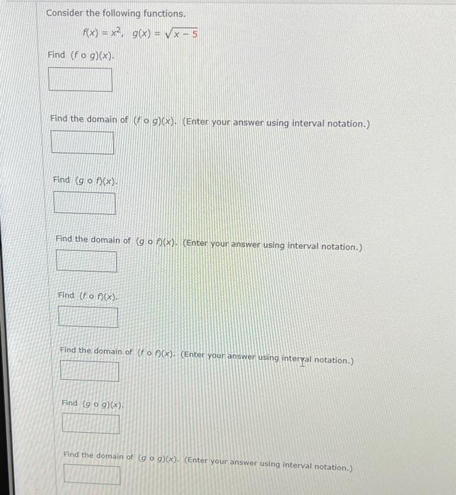 Solved Consider the following functions. f(x)=x+5x,g(x)=7x−5 | Chegg.com