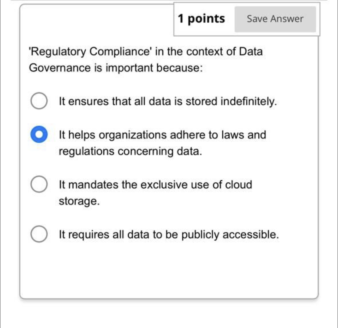 Solved 1 ﻿points'Regulatory Compliance' in the context of | Chegg.com