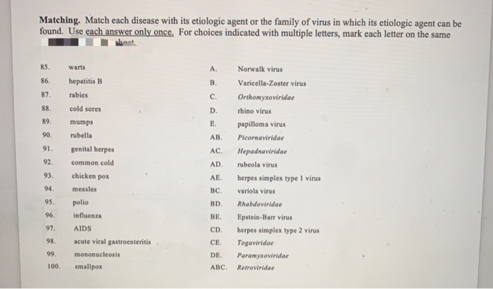 Solved Matching. Match each disease with its etiologic agent | Chegg.com