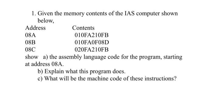 Solved 1. Given the memory contents of the IAS computer | Chegg.com
