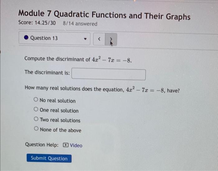 Solved Module 7 Quadratic Functions and Their Graphs Score: | Chegg.com