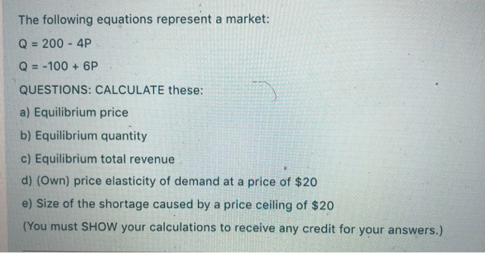 Solved The following equations represent a market: Q = 200 - | Chegg.com