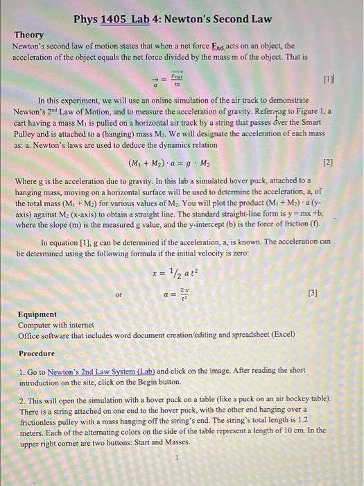 Phys 1405 Lab 4: Newton's Second Law Theory Newton's | Chegg.com