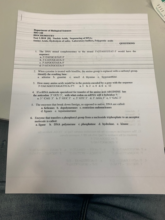 Solved 11 Department of Biological Sciences BIOCHEMISTRY | Chegg.com