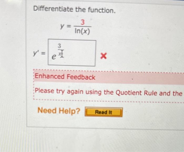 Solved Differentiate the function. y=ln(x)3 y′= Enhanced | Chegg.com