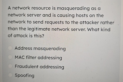 Solved A network resource is masquerading as a network | Chegg.com