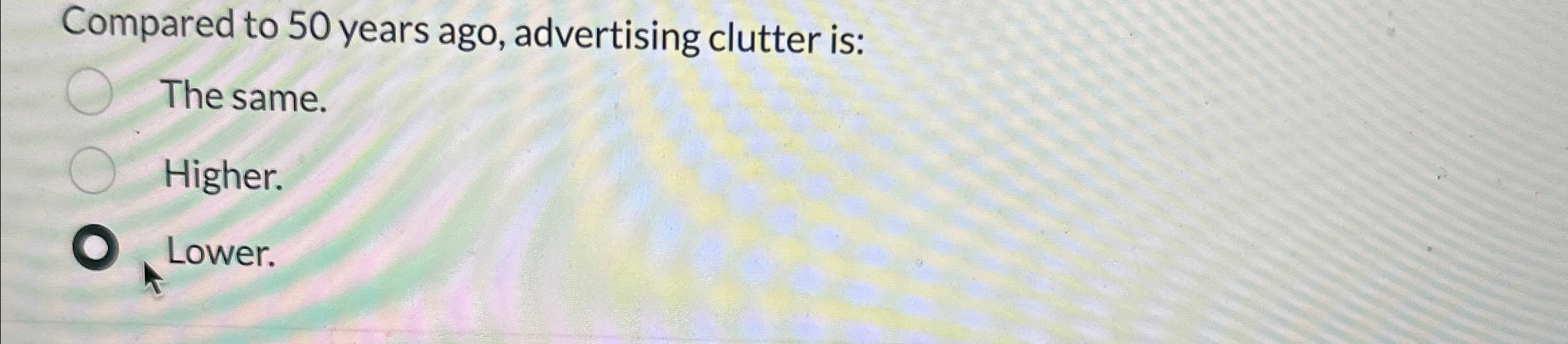 Solved Compared to 50 ﻿years ago, advertising clutter is:The | Chegg.com