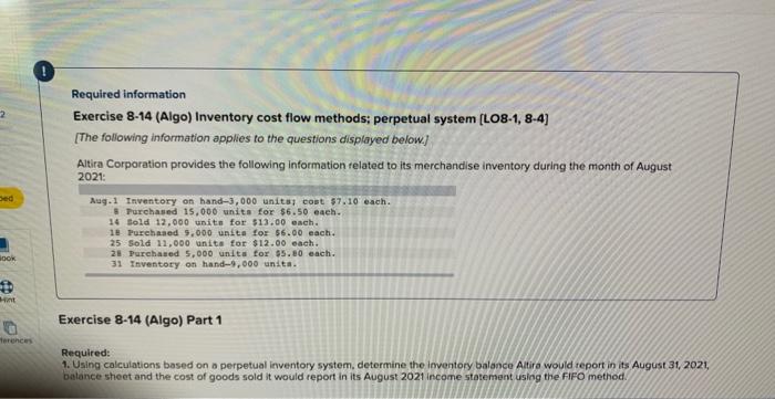 Solved Required information Exercise 8-14 (Algo) Inventory | Chegg.com