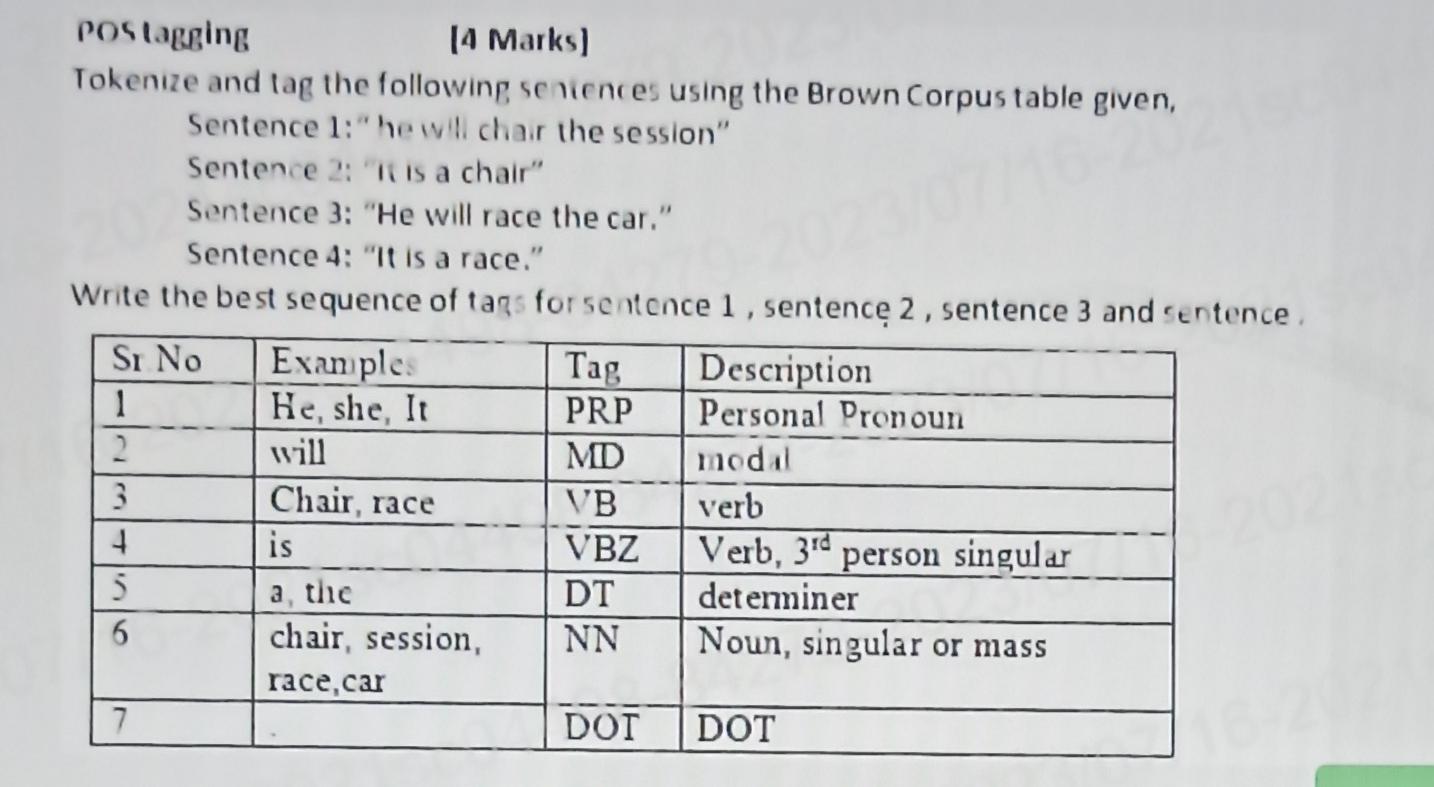 Solved POStagging [4 Marks] Tokenize and tag the following | Chegg.com
